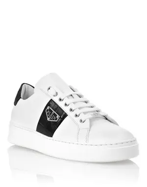 Philipp Plein Nappa Leather Low-top Sneakers With Logo Badge - White/black