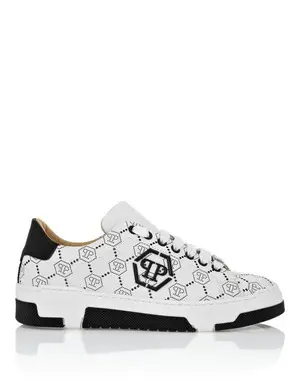 Philipp Plein Matte Monogram Leather Low Top Sneakers - Black
