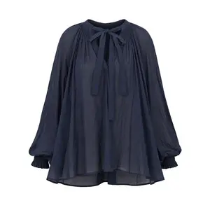 Adrift Clothing Wren Billow Sleeve Blouse In Navy - Blue