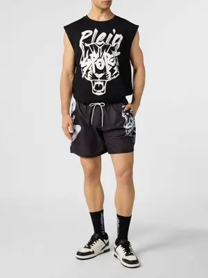 PLEIN SPORT Cotton Tank Top With Graphic Logo Print - Black