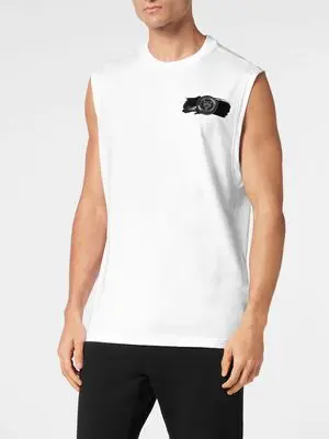PLEIN SPORT Cotton Tank Top With Contrast Logo And Round Neck - White
