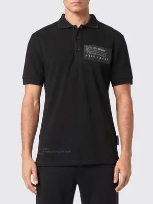 PLEIN SPORT Short-sleeved Cotton Polo Shirt With Contrasting Logo - Black