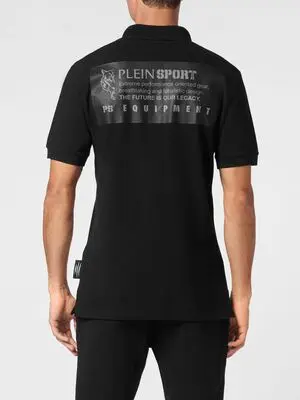 PLEIN SPORT Short-sleeved Cotton Polo Shirt With Contrasting Logo - Black