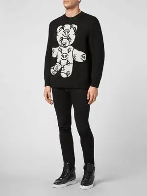 Philipp Plein Teddy Bear Print Wool Blend Crewneck Jumper