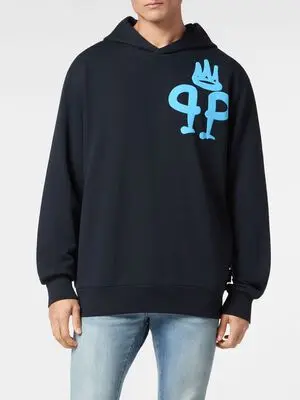 Philipp Plein Contrast Logo Cotton Hoodie With Kangaroo Pocket And Dropped Shoulders - Blue