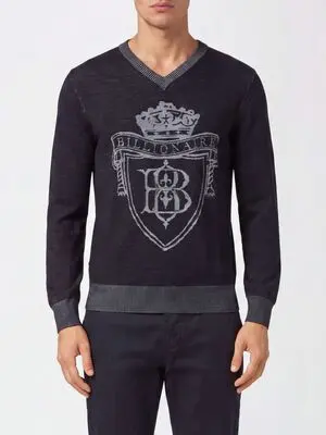 BILLIONAIRE Wool And Silk V-neck Jumper With Jacquard Crest Logo - Blue