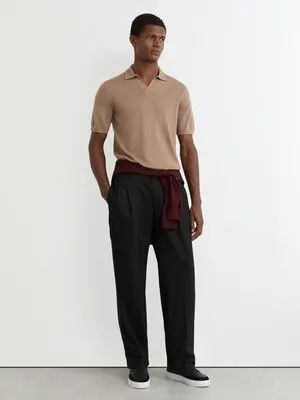 REISS Duchie Merino Wool Open Collar Polo Shirt - Camel Brown