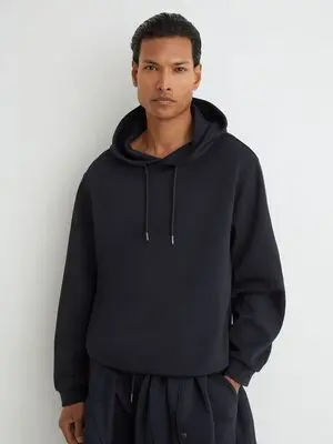 REISS Falco Premium Interlock Relaxed-fit Hoodie - Navy