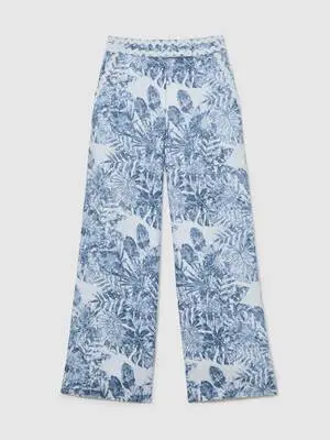 REISS Mila Linen Wave-trim Printed Wide-leg Trousers