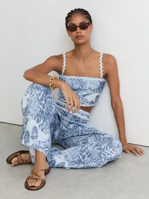 REISS Mila Linen Wave-trim Printed Wide-leg Trousers