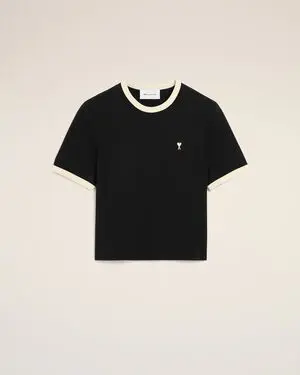 AMI Paris Black Contrasted Cotton T-shirt With De Coeur Black - Black/ivory