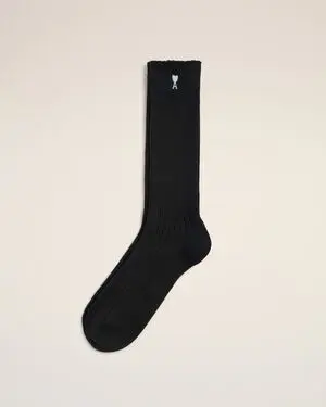 AMI Paris Cotton Blend Crew Socks With De Coeur Embroidery - Black