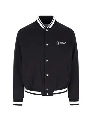 Off-White Cotton Bomber Jacket With Striped Ribbed Collar And Cuffs