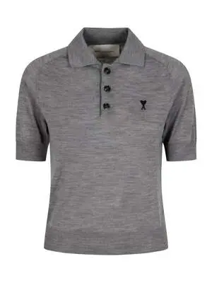 AMI Paris Logo Embroidered Knitted Polo Top - Grey