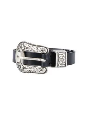 GOLDEN GOOSE Genuine Leather Belt With Silver Tone Buckle - Black
