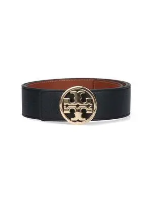 Tory Burch Leather Belt With Gold Tone Logo - Black