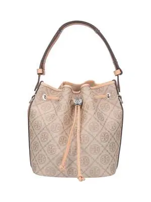 Tory Burch Monogrammed Cotton-blend Bucket Bag With Leather Trim - White