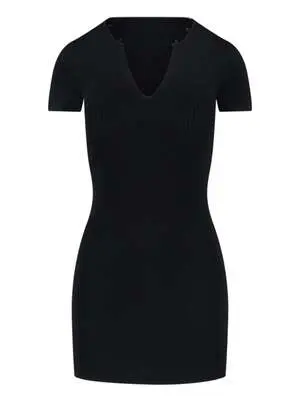 Alexander Wang Ribbed Stretch Viscose Mini Dress With Plunged Neckline