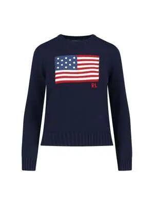 Polo Ralph Lauren Cotton Crew Neck Sweater With American Flag Emblem - Blue