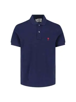 AMI Paris Organic Cotton Polo Shirt With Embroidered Heart Logo - Blue