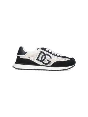 Dolce & Gabbana Black Lace And Leather Low-top Sneakers - White