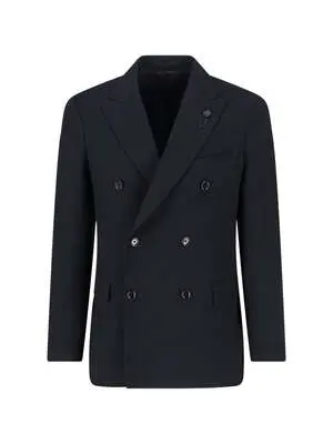 LARDINI Tailored Double Breasted 100% Wool Blazer - Black