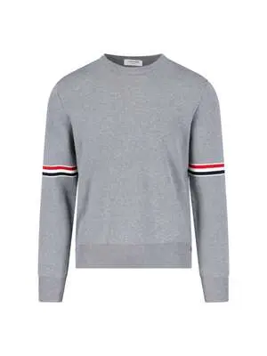 Thom Browne 100% Cotton Crewneck Sweater With Striped Sleeves - Grey