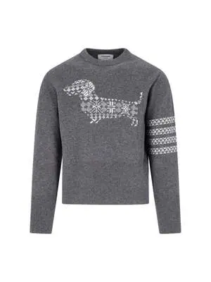 Thom Browne 100% Virgin Wool Crew Neck Sweater With Signature Stripes - Grey