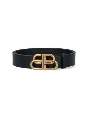 Balenciaga Calf Leather Belt With Gold Tone Bb Logo Buckle - Black