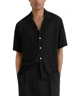 REISS Crochet Stripe Cuban Shirt - Black