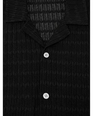 REISS Crochet Stripe Cuban Shirt - Black