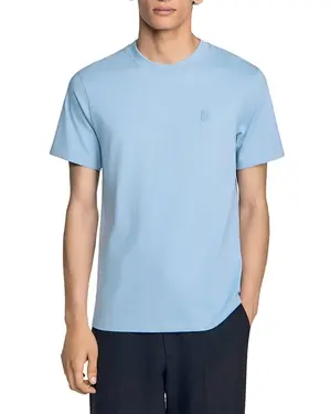 Sandro Cotton T Shirt With Leather Logo Patch - Blue Grey