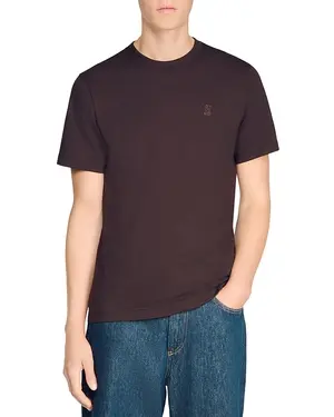 Sandro Cotton T Shirt With Leather Logo Patch