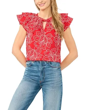CECE DUPRAZ Eyelet Flutter Sleeve Tie Neck Top