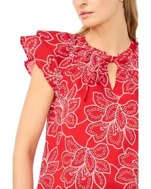 CECE DUPRAZ Eyelet Flutter Sleeve Tie Neck Top