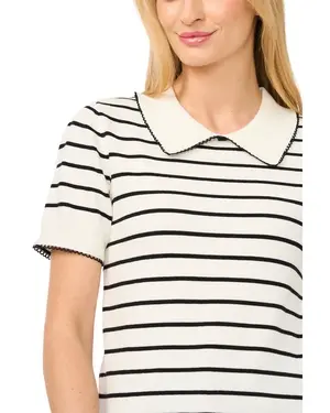 CECE DUPRAZ Stripe Contrast Trim Collared Top