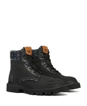 Mcm Ankle Boots In Nubuck And Monogram Print Leather - Black