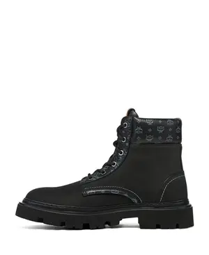Mcm Ankle Boots In Nubuck And Monogram Print Leather - Black