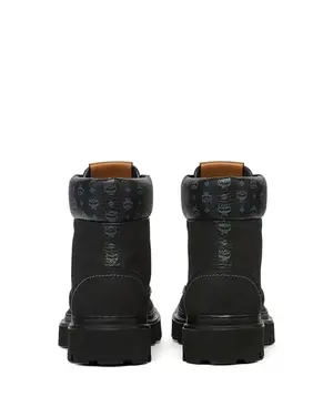 Mcm Ankle Boots In Nubuck And Monogram Print Leather - Black