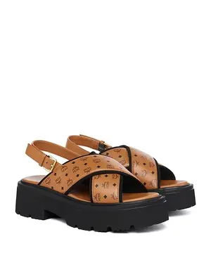 Mcm Monogram Platform Sandals In Lambskin - Cognac