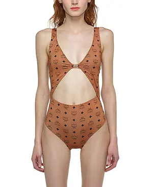 Mcm Monogram Print Swimsuit - Cognac