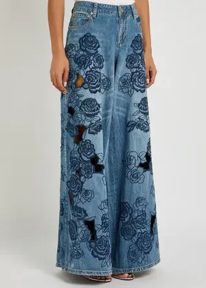 Alice + Olivia Sidney Floral-embroidered Wide-leg Jeans