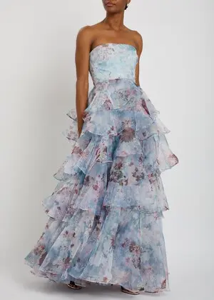 Aje Gabriella Floral-print Strapless Linen-blend Gown