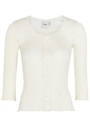 Chloé Ribbed Lace-trims Cotton And Silk-blend Top