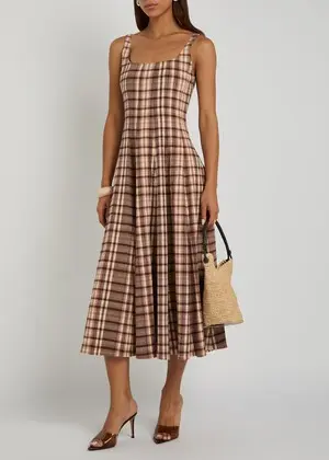 Staud Wells Checked Linen-blend Midi Dress