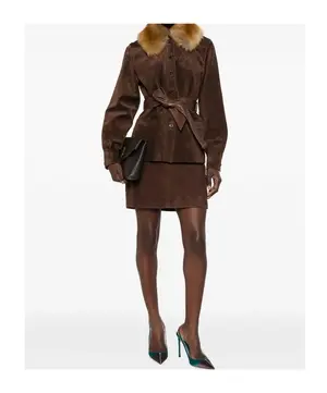 Saint Laurent Belted Suede Jacket With Removable Fur Collar - Black