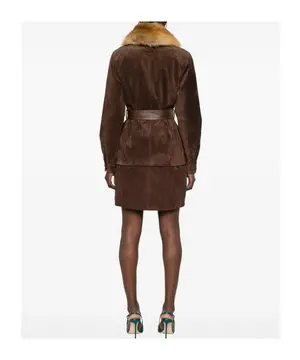 Saint Laurent Belted Suede Jacket With Removable Fur Collar - Black