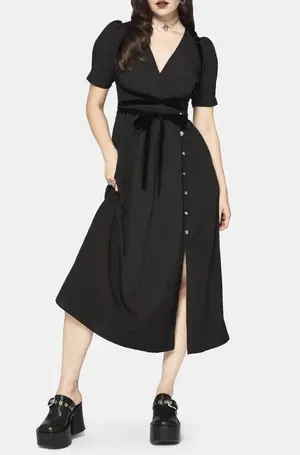 DISTURBIA Brae Wrap Centipede Button Midi Dress - Black