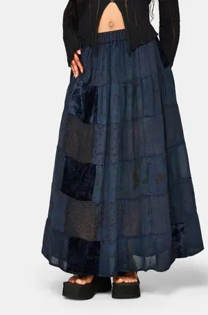 DISTURBIA Mabel Floral Patchwork Maxi Skirt - Navy