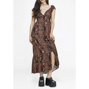DISTURBIA Mythos Print Milkmaid Smock Midaxi Dress - Black